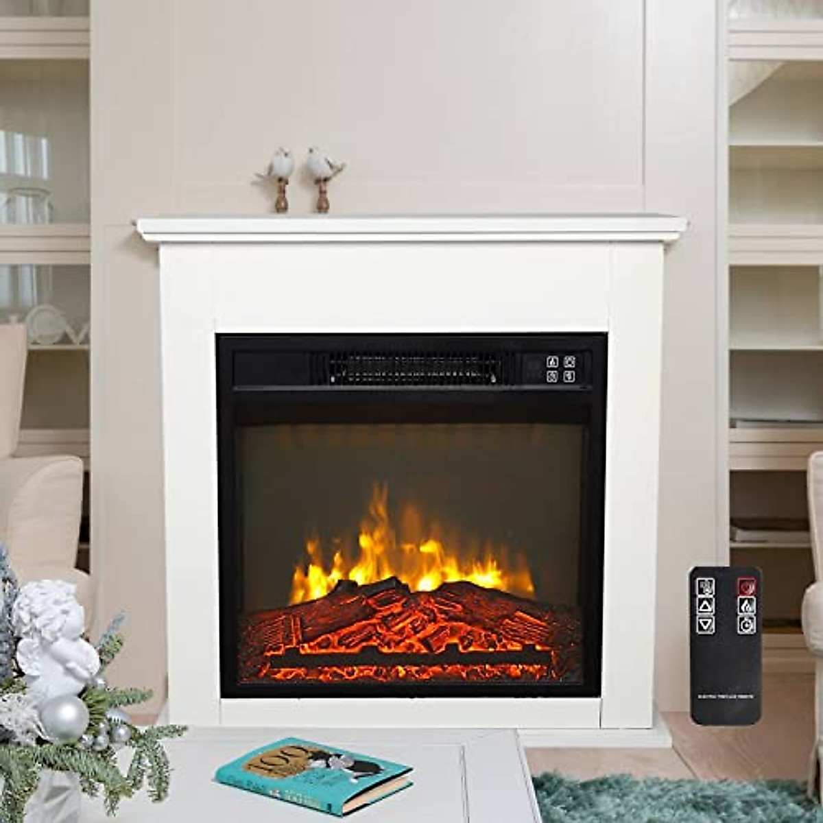 FRITHJILL Electric Fireplace, Freestanding Portable Wood Cabinet Fireplace Heater with Remote Control, 1400W