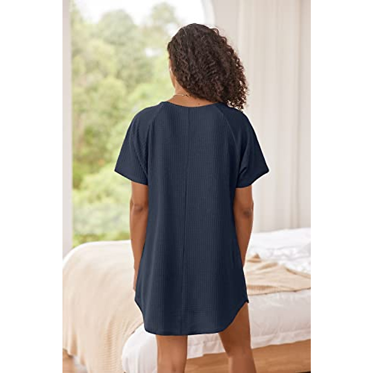 Ekouaer Women Casual Night Shirt Long Sleeve Nightgown Plain Round Neck Sleepwear Bluish Violet M