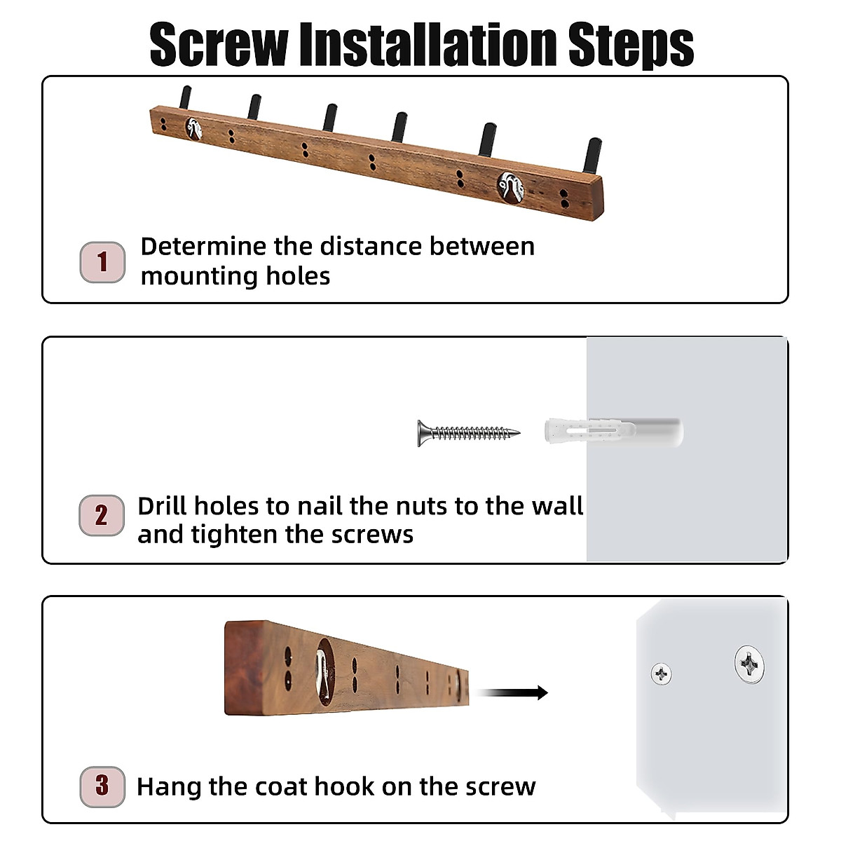 XSJHJDR Coat Hook Wall Coat Hooks 23.6 Inches Wall Hanger Hooks Walnut Wood Coat Rack with 6 Hooks for Hanging Clothes Towels Backpacks Keys Wooden Coat Hooks