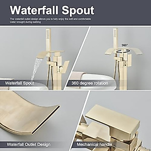Senlesen Freestanding Bathtub Faucets Floor Mounted Tub Filler Faucet with Handshower Brushed Gold