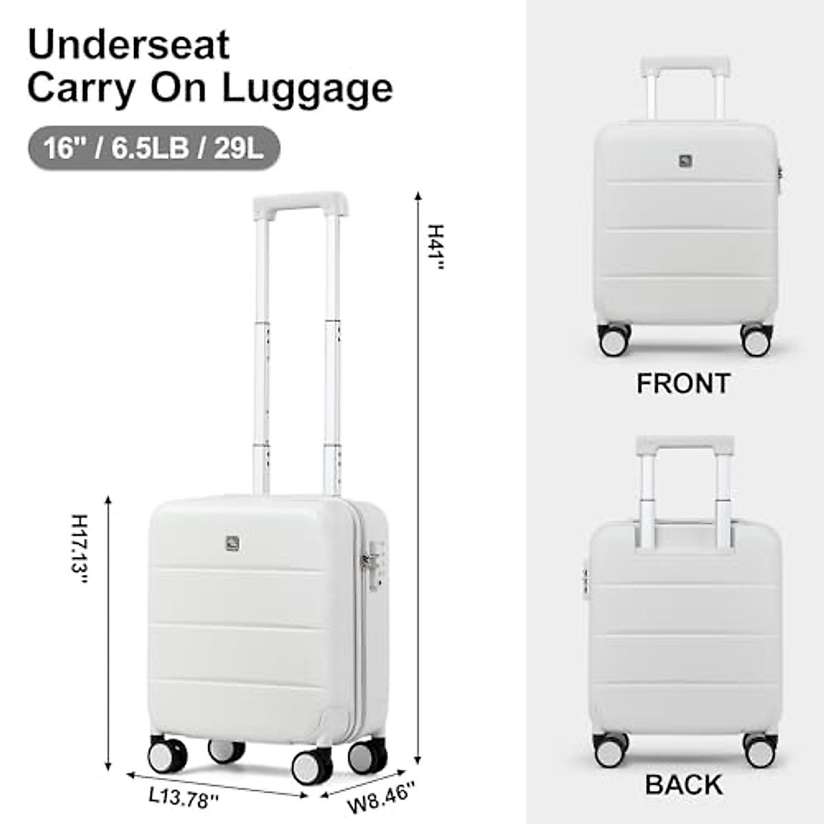 Hanke 16 Inch Underseat Carry On Luggage with Spinner Wheels Hard Shell Suitcases Mini Small Carry On Bag for Airline Approved TSA Luggage Lightweight Travel Suit Case(Smoke White)