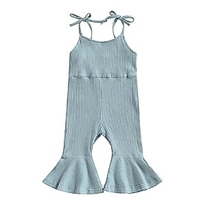 Bonangber Casual Toddler Baby Girl Summer Romper Ribbed Solid Color Sleeveless Suspenders Bell Bottom Pants Jumpsuit (Blue, 3-4 Years)
