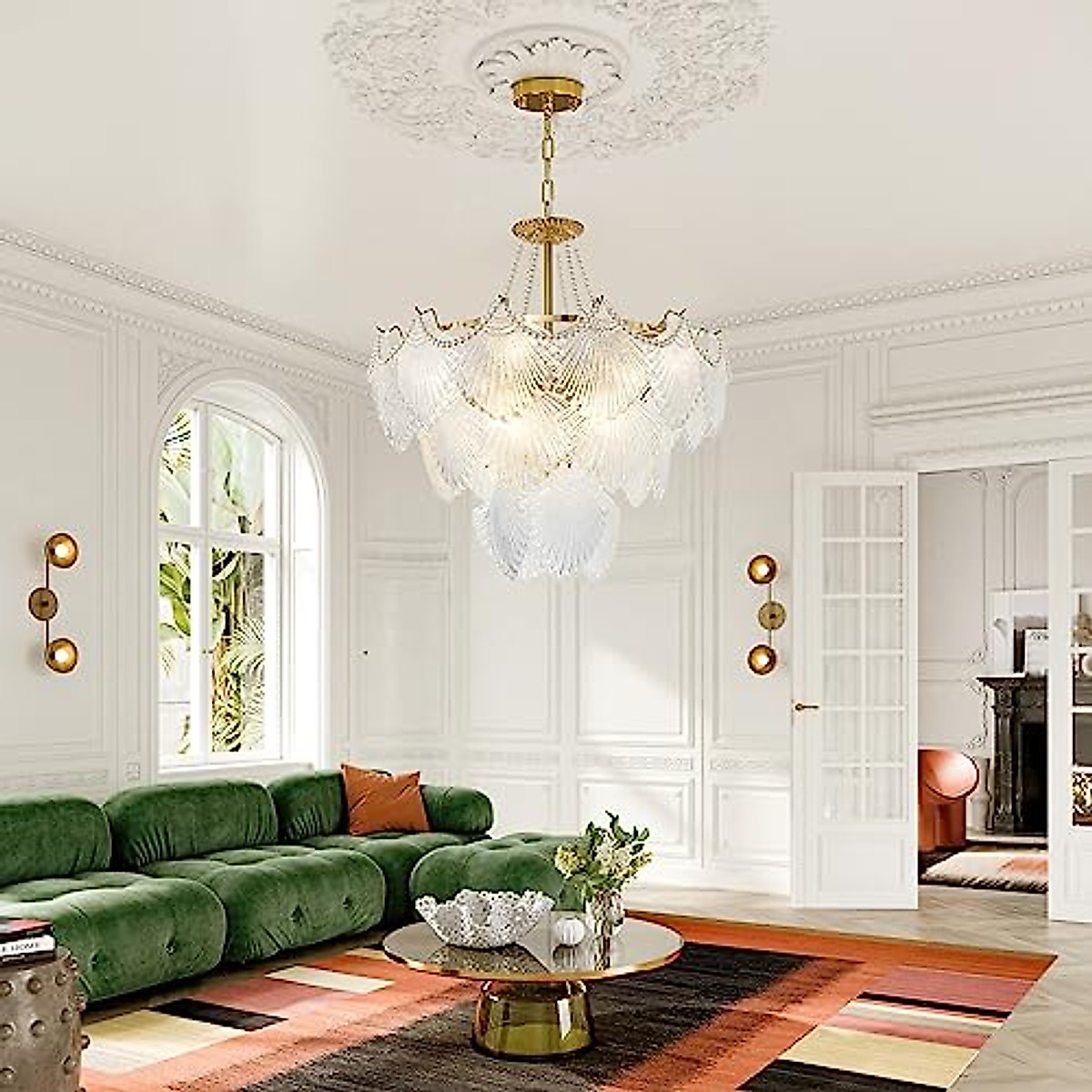 FINE MAKER Modern Glass Chandelier, 24'' Golden Vintage Chandelier for Dining Room, 3 Tiers Hanging Pendant Ceiling Light Fixture with Glass Shell Pearl Shades for Living Room, Bedroom, Kitchen