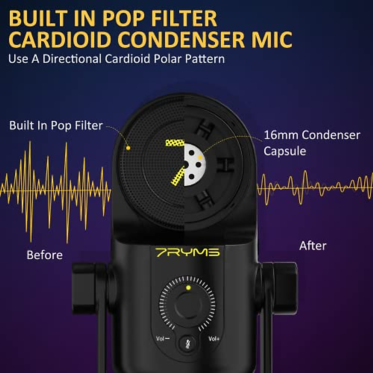 7RYMS USB Microphone Cardioid Condenser Gaming Mic Metal Large Diaphragm Microphone for PC, Computer, Laptop, PS4/5 with Built-in Pop Filter Desk Stand for Podcasting, Streaming, ASMR (SR-USB Mini)