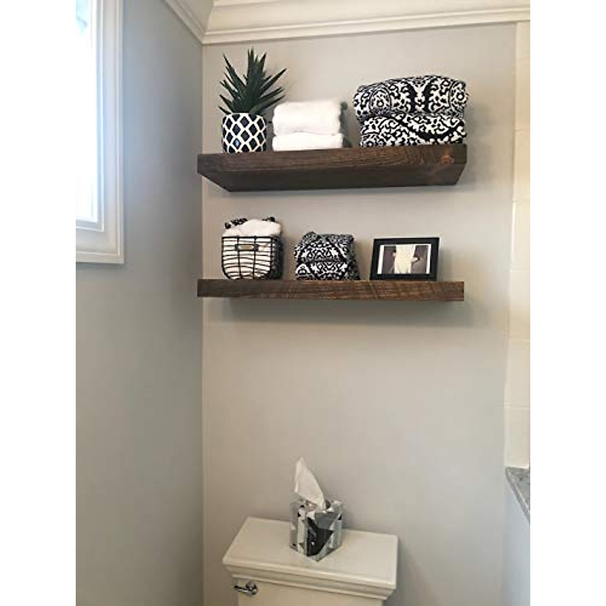 Joel's Antiques Floating Wall Shelf - 24-Inch Wood Decor & Shelving for Bathroom, Kitchen, Living Room, & Farmhouse - Wall-Mounted Rustic Stand, Wooden Hanging Display - Medium Brown, 24" x 10" x 2"