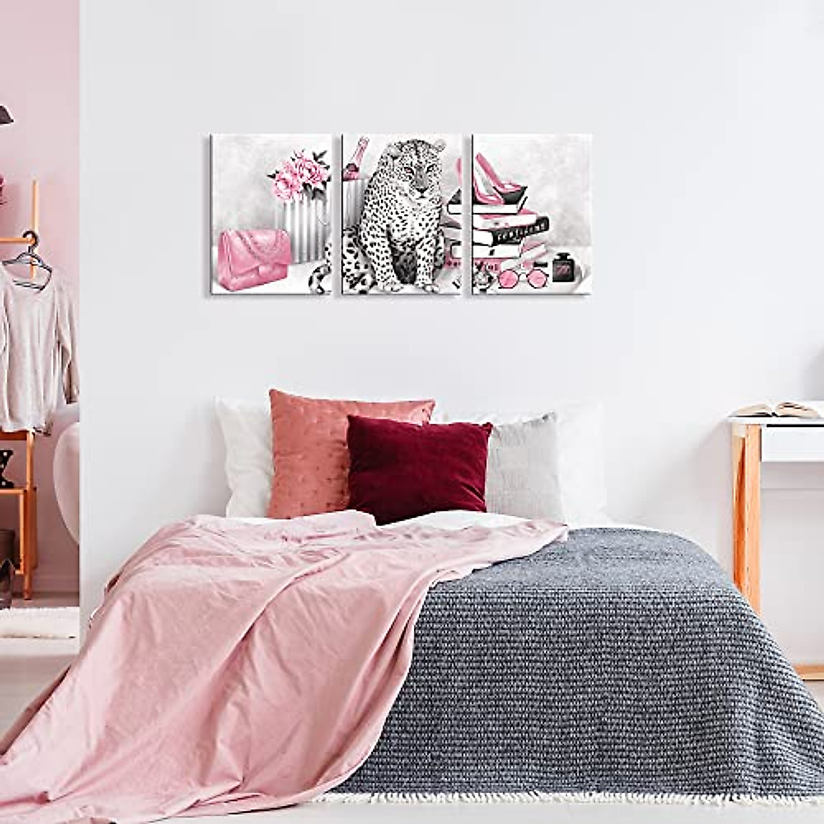 Visual Art Decor Glam Fashion Picture Pink Blush Wall Art Leopard Books High Heel Shoes Perfume Canvas Prints for Modern Home Office Woman Girl Makeup Bedroom Wall Decoration Creative Design Gift (12x16x3)