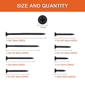 190PCS Premium Drywall Screws, Quality Black Steel #7 Sharp Point Self Tapping Screws with Phillips Drive, 8 Different Sizes Screws Assortment Set, Ideal Screw for Drywall Sheetrock, Wood and More