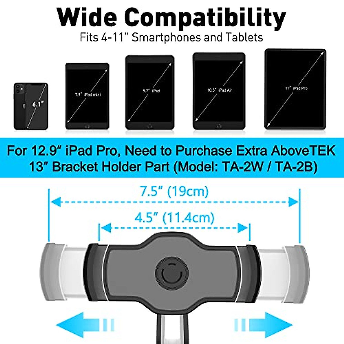 AboveTEK iPad Suction Mount, Phone Tablet Stand Holder with Suction Cup Fits 4"-11" Tablet/Phone/iPad Mini/iPad Air, Sticky iPad Mount on Window Bathroom Mirror, for Car Truck Windshield Boat (Black)