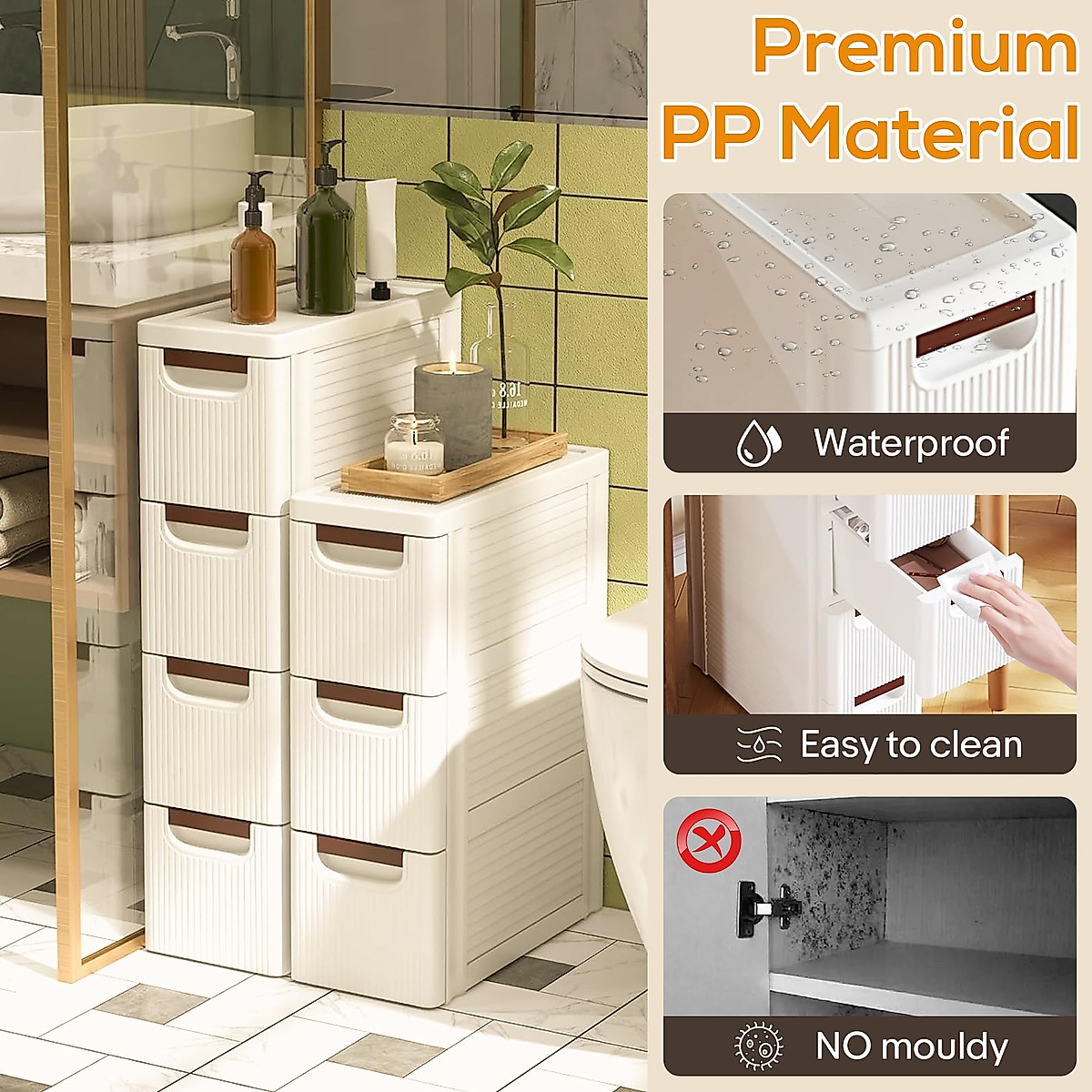 3 Drawers Slim Bathroom Storage Cabinet Dresser, Narrow Plastic Rolling Cart Organizer with Drawers, for Small Spaces, Kitchen, Laundry, Office, Bedroom, White