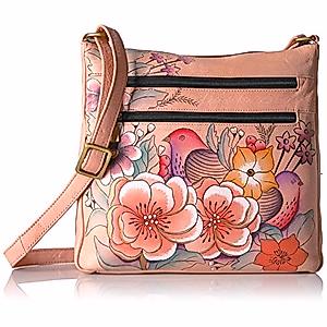 Anna by Anuschka Women's Genuine Leather Medium Triple Pocket Cross Body | Hand Painted Original Artwork | Vintage Garden
