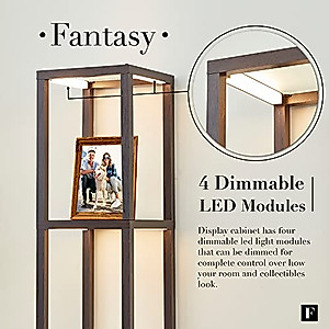 FENLO Fantasy 66" Luxury Glass Display Shelf with Dimmable LED Floor Lamps, Sturdy Glass Shelves for Bedroom, Curio Cabinet with Glass Bookshelf Display Case, Floor Lamp with Shelves - Brown