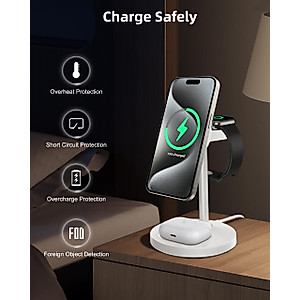 FutureCharger for MagSafe Charger Stand - 3 in 1 Wireless Charging Station for Apple Devices, for iPhone 15/14/13/12 Series, for iWatch/Airpods, Aluminum Alloy Rod, Leather Pad, White