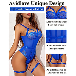 Avidlove Garter Lingerie Sexy Lace Chemise Sexy Corset Teddy Lingerie with Garter Belt(Royal Blue, L)