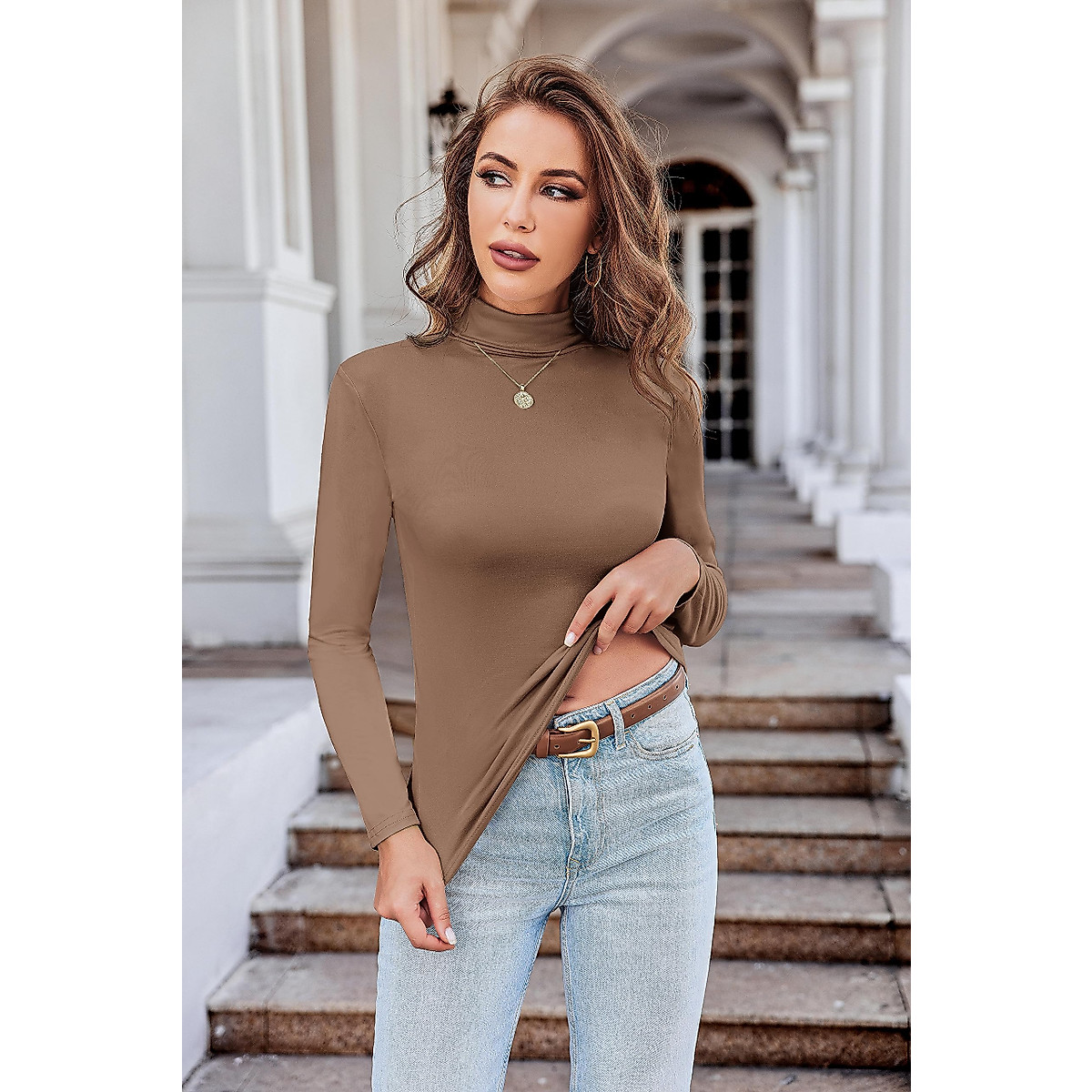 Ekouaer Women's Turtleneck Long Sleeve Shirts Lightweight Base Layer Solid Slim Fit Tops Brown S