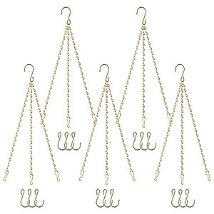 RIFNY 5 Sets Gold Hanging Basket Chain, 20 Inch Heavy Duty Brass Decorative Chains for Hanging Plants, Indoor Outdoor Replacement Hanging Chain with Hooks for Planters Flower Pots Lantern Bird Feeder
