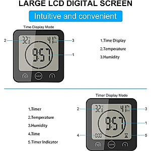 Shower Clock Waterproof Wall Clock Bathroom Clock Sunsbell Shower Cock Digital Temperature Humidity Display with Suction Cup, Touch Screen Timer for Kitchen Bathroom