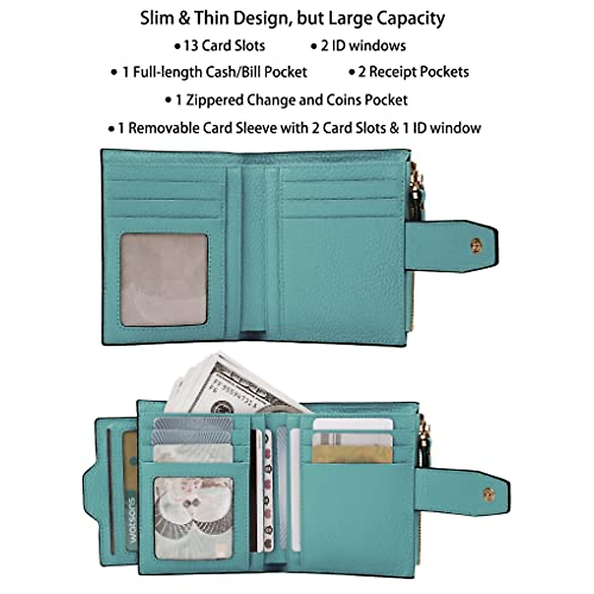 AINIMOER Women's RFID Blocking Leather Small Compact Bi-fold Zipper Pocket Wallet Card Case Purse with id Window (Wavy Sky Blue)