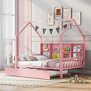 Harper & Bright Designs Full Size House Bed with Trundle, Wood Full House Bed Frame with Shelf Compartment, Full House Bed for Kids with Roof for Girls, Boys,No Box Spring Needed, Pink