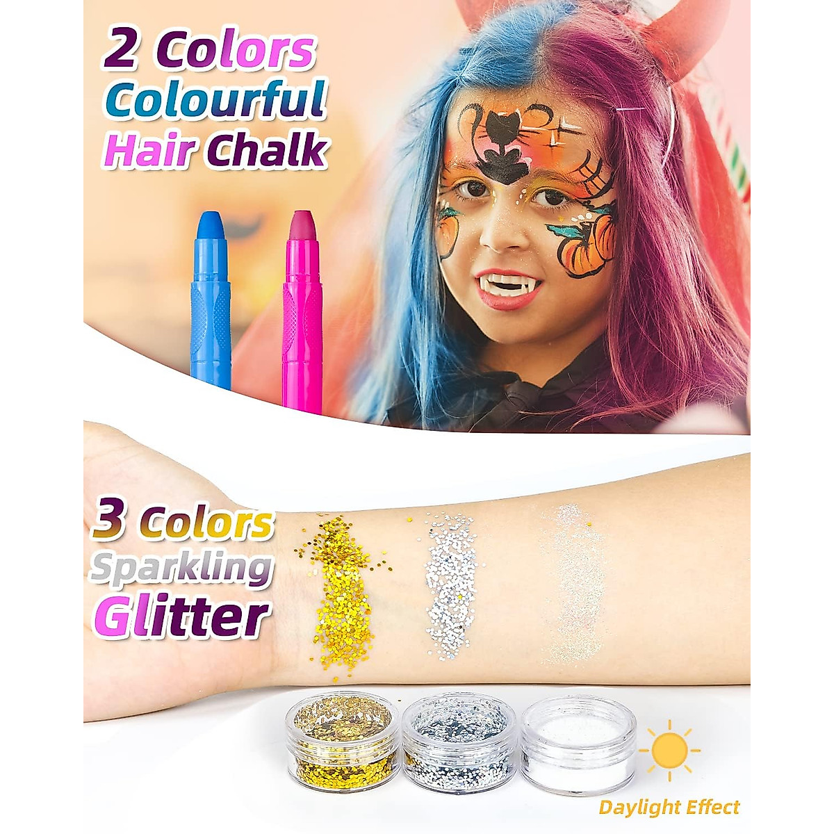 Fantastory Face Paint Kit 158pcs - 20 Colors with Glitters, Stencils, Hair Chalks, Tattoo Stickers, Brushes, Sponges & Guide - Professional Water-Based Body & Face Paint for Halloween, Suitable