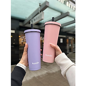 Stainless Steel Bubble Tea Cup - Bumbler 24oz Large Reusable Eco-Friendly Tumbler with Wide Soft Tip Metal Straw, Leak-Proof Lid - for Boba, Smoothies, Iced Coffee, Hot or Cold Drinks - Blue Eclipse