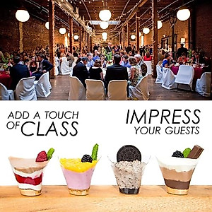 DLux 50 x 3.5 oz Mini Dessert Cups with Spoons, Small Swirl - Clear Plastic Parfait Appetizer Cup - Small Reusable Serving Bowl for Tasting Party Desserts Appetizers - With Recipe Ebook