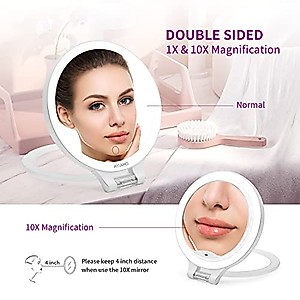 Lighted Magnifying Makeup Mirror, Two Sided 1X/10X Round Vanity Mirror with Adjustable Folding Swiwle Handle, 3 Color Lighting, Rechargeable
