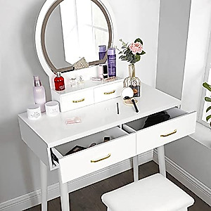 SMOOL Vanity Desk with Lighted Mirror - Vanity Table Makeup Vanity with Lights, 3 Color Lighting Modes Adjustable Brightness, 4 Drawers Makeup Table with Soft Cushioned Stool for Bedroom Studio, White