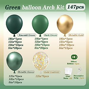 147pcs Green Balloon Garland Arch Kit, Dark Emerald Green and Gold Balloons for Wild One Jungle Birthday Graduation Safari Baby Shower Decorations