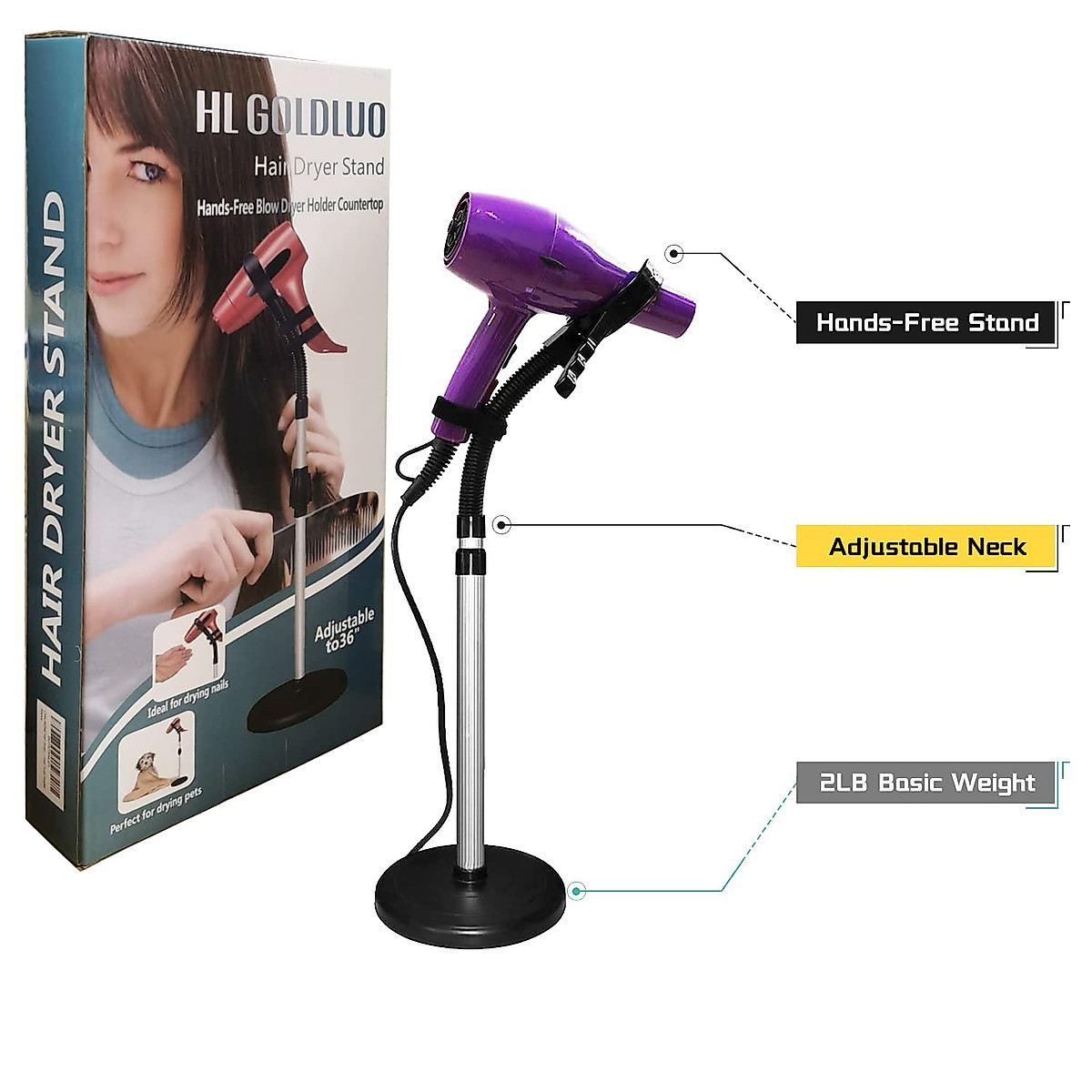HLGOLDLUO Hair Dryer Stand, 360 Degree Rotating Lazy Hair Dryer Stand Hand Free With Heavy Base, Hands-Free Blow Dryer Holder Countertop, Adjustable Height Hair Dryer Holder
