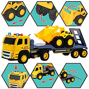 MOBIUS Toys Flatbed Truck with Excavator Tractor Toy - 1:12 Scale, Push and Go Construction Vehicle Playset, Lights & Sounds for Kids, Toddlers, Boys, & Girls Ages 3 4 5 Years Old