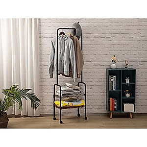 MATICO 2-in-1 Metal Garment Rack with Clothes Hanger, 2 Tier Wire Coat Storage Organizers Laundry Holders with 1 Metal Shelf and 1 Basket for Home and Dormitory, Black