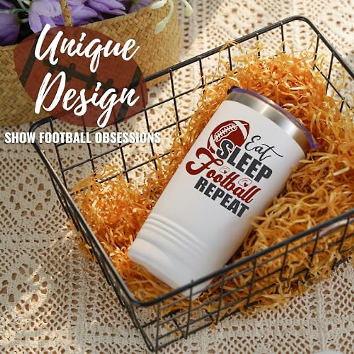 Onebttl Football Lovers Gifts, Funny American Football Gifts for Coach, Men, Dad on Birthday Christmas, 20oz Stainless Steel Tumbler, White, Eat Sleep Football Repeat