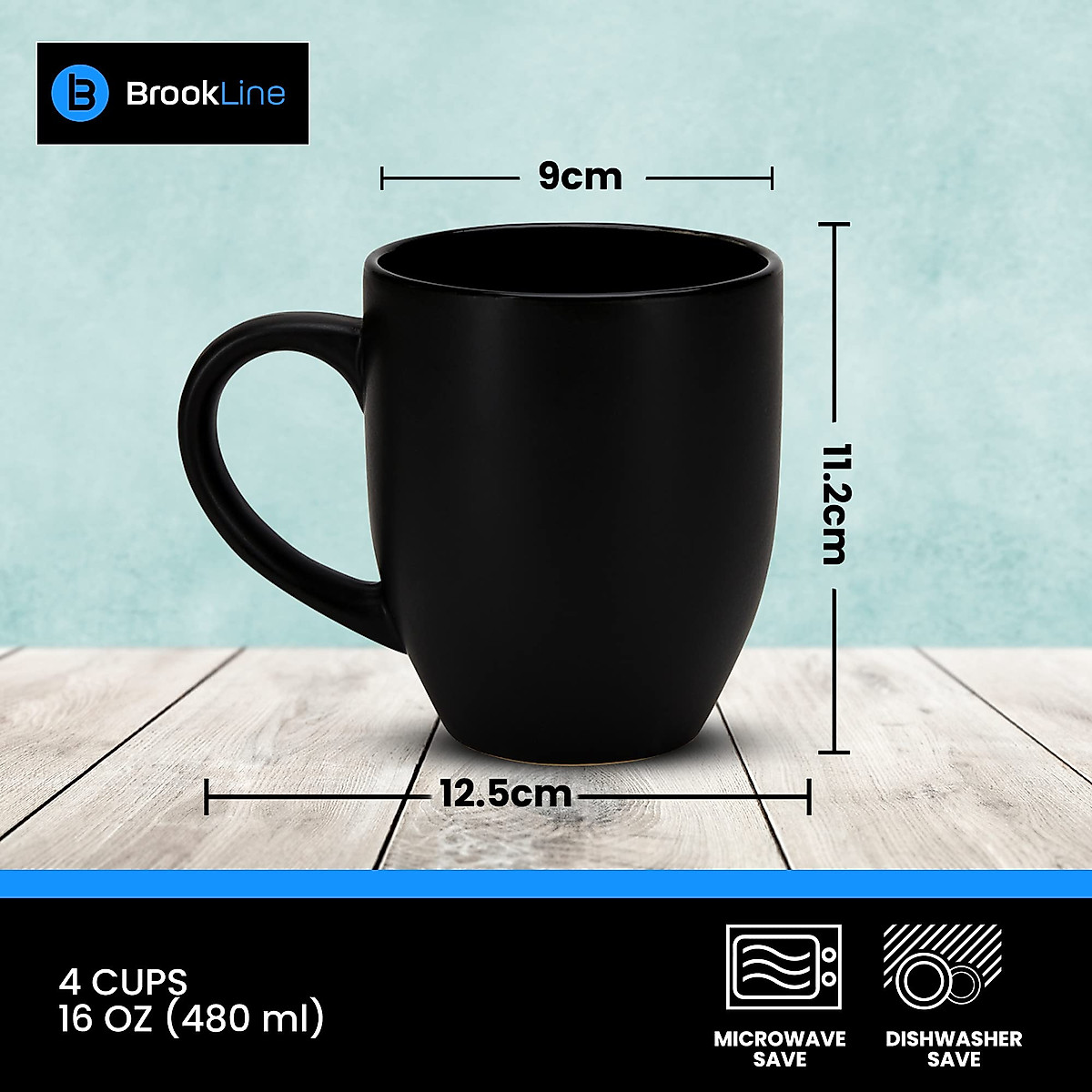 Brookline Ceramic Coffee Mug 16OZ - Tea Mug with Handle, Espresso Cups - Excellent Choice for Camping, Travel & Office - Great Gift Idea (Black, 4)