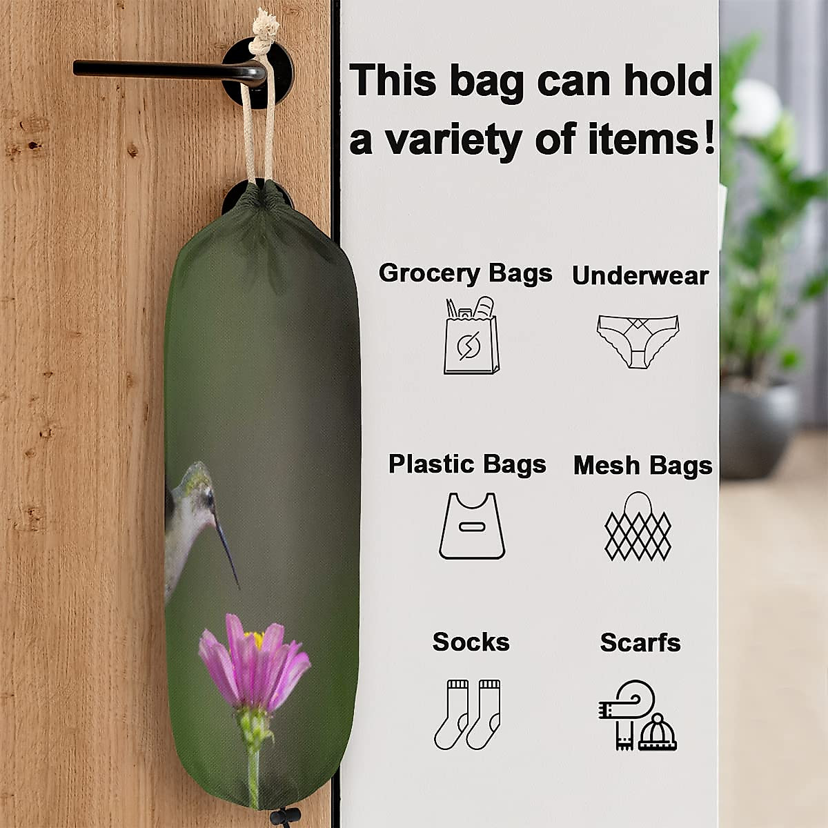 Hummingbirds Prey Plastic Bag Holder Wall Mount Grocery Bag Organizer Holder Hanging Trash Bag Storage Dispenser for Home Kitchen Pantry Door Organization Decor