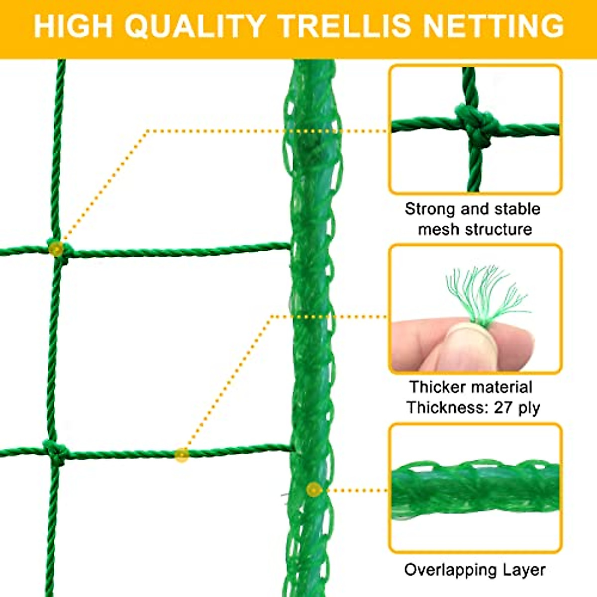 Garden Trellis Netting for Climbing Plants Outdoor, 6.6x16.4 FT Plant Netting for Cucumber, Tomato, 27 Strands Trellis Net with 4x4 Inch Mesh as Vegetable Netting for Grape, Bean