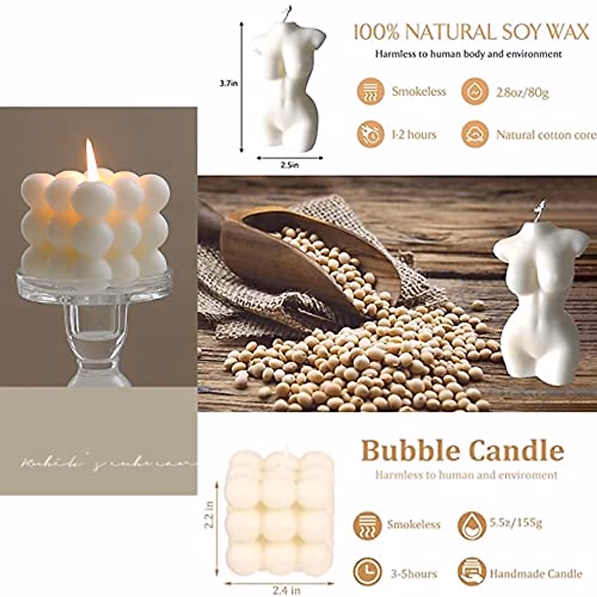 2 Pieces Bubble Candle - Cube Soy Wax Candles,Female Body Shaped Candle, Hand Poured Scented Candle, Cute Wax Candles Home Decor and Gifting (Creamy White )