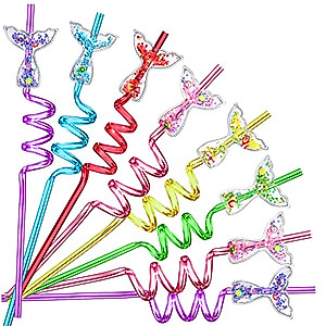 24 Glitter Mermaid Party Favors Mermaid Tail Drinking Straws for Mermaid Birthday Party Supplies with 2 PCS Straws Cleaning Brush