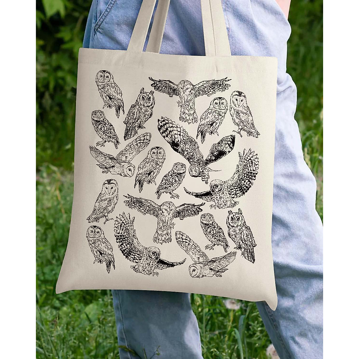 AUSVKAI Canvas Tote Bag Aesthetic for Women, Cute Trendy Owl Hand Drawn Reusable Cloth Cotton Bags with Handle for Grocery College Shopping Beach