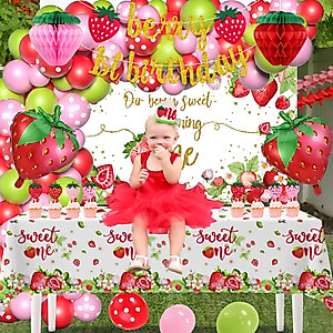 Strawberry First Birthday Party Decoration Pack for Girls Sweet One Shortcake Party Supplies 84 Pcs (Backdrop, Tablecloth, Banner, Crown, Cupcake Toppers, Honeycomb Decor, Balloons) (Sweet One)