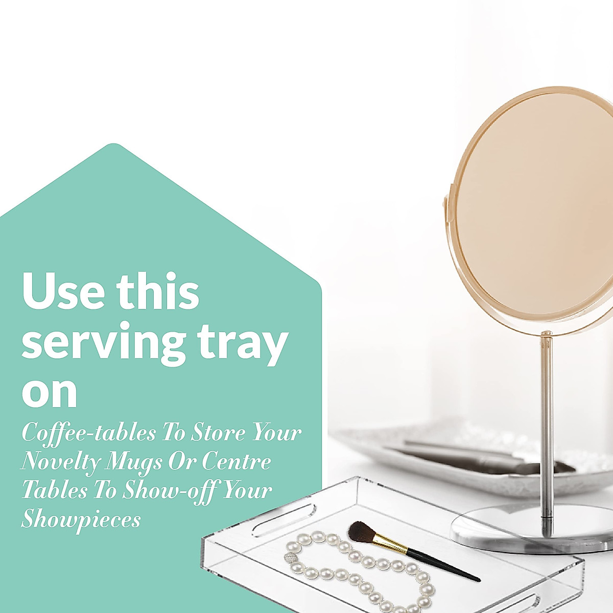 Rectangle Coffee Table Tray - Clear Acrylic Tray with Handles 16 x 12 x 2 - Rectangle Tray for Serving Food, Coffee, Organizing Bathroom Accessories, Makeup, Perfume, Ottoman, Eating in Bed Tray