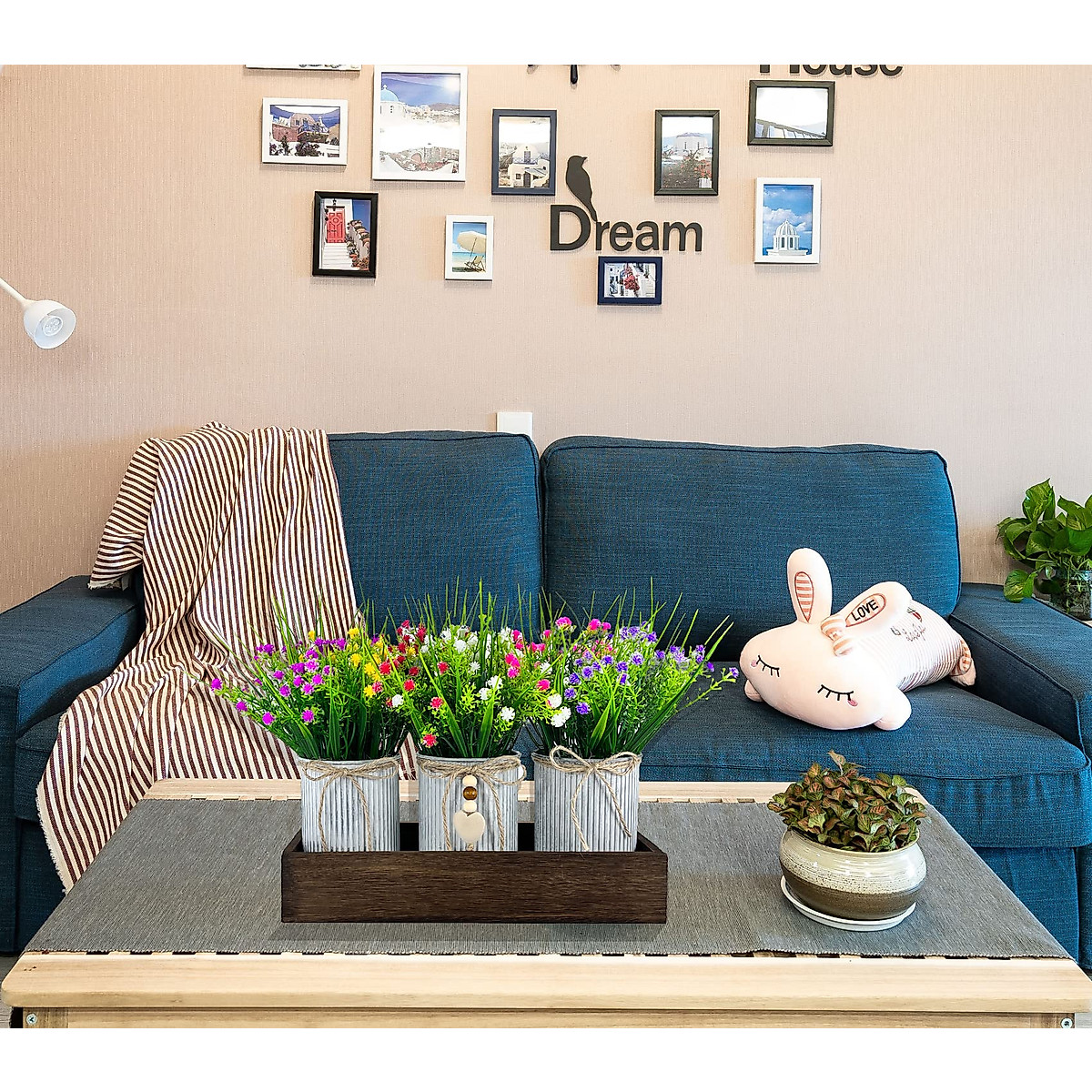 CALAVAK Decorative Centerpiece Wooden Tray with 3 Metal Potted Artificial Babys Breath Gypsophila Plant Flowers Rustic Country Farmhouse Décor for Dining Room, Living Room and Kitchen Table