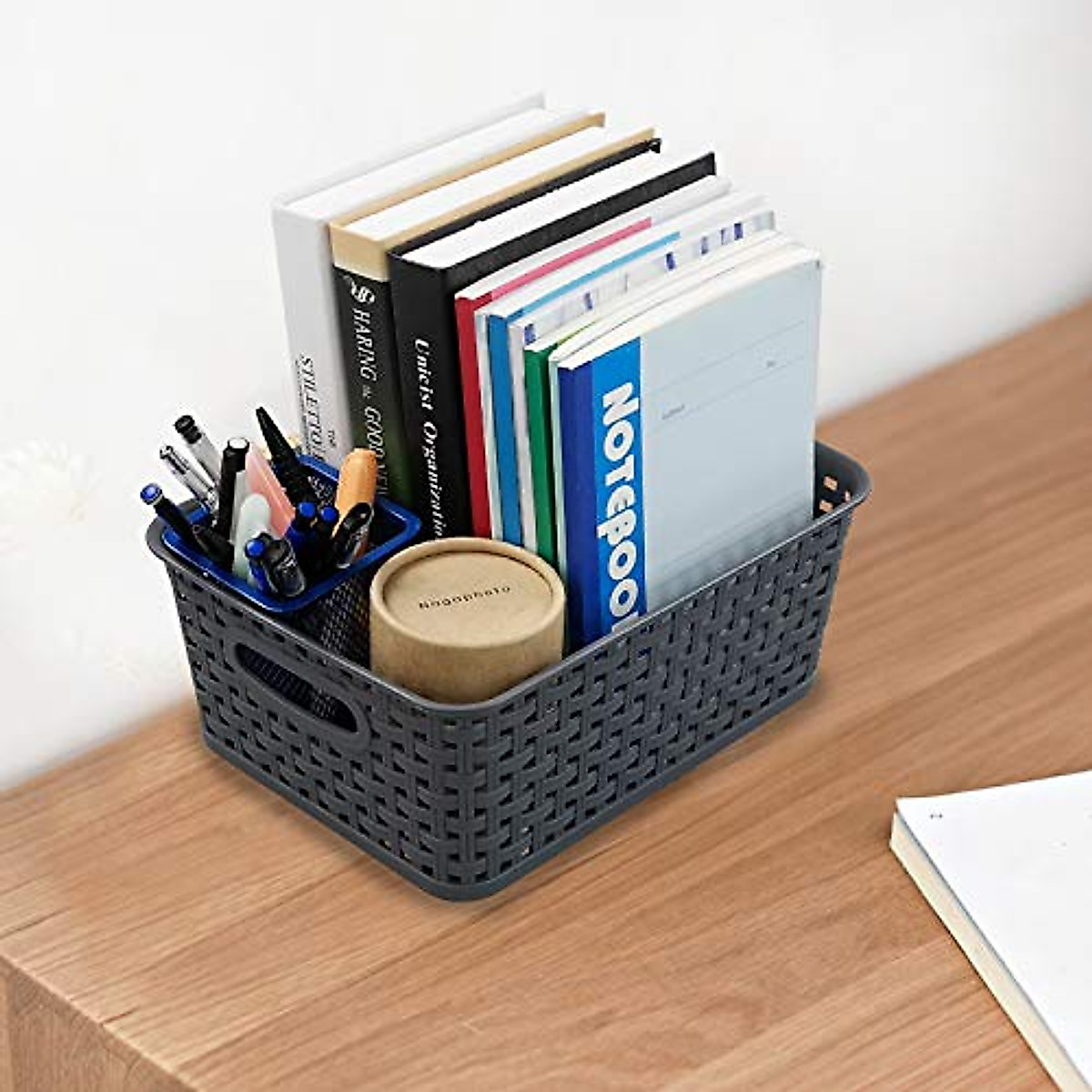Ponpong Plastic Weave Shelf Basket, Plastic Rattan Storage Bins, 6 Packs