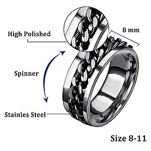 Byhoo 8mm Bottle Opener Finger Ring Rotatable Beer Bottle Cap Opening Tool Remover for Women Men at Party, Inner Chain Spinner of Polished Stainless Titanium Steel Jewelry All Black Size 11 (2 PCS)