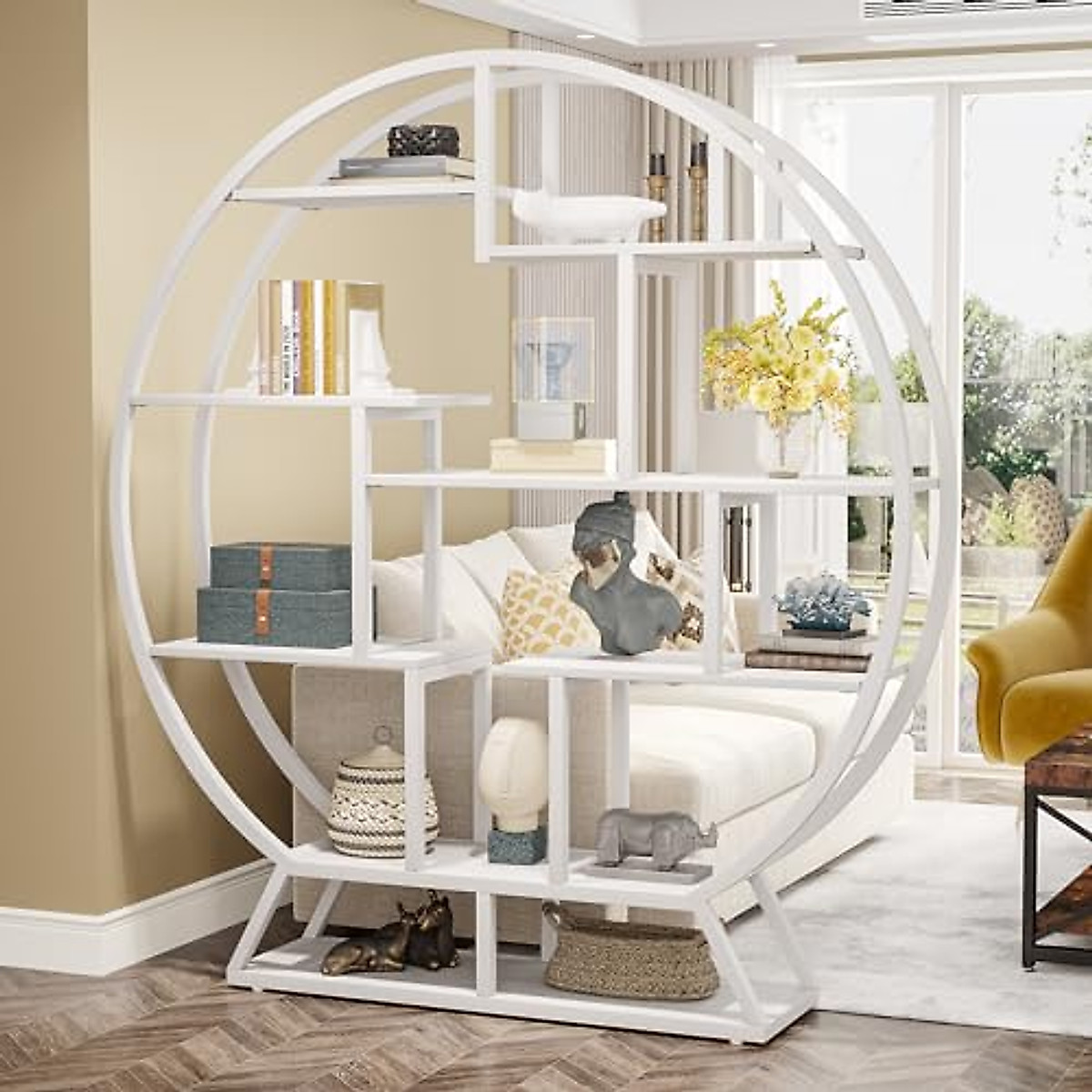 Tribesigns Bookshelf, Round Bookshelves Etagere Bookcase, 63 Inch Wood Book Shelf with Staggered Shelves, Rustic Open Shelving Organizer Rack Display Shelf for Home Office, Living Room, White