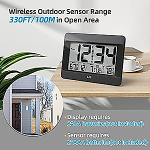 LFF Atomic Clock,Digital Wall Clock Battery Operated,Desk Alarm Clock with Indoor & Outdoor Temperature, Date,Large Display,Wireless Outdoor Sensor, Clock for Bedroom,Living Room,Office,Auto DST