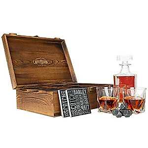 Atterstone Whiskey Decanter Crate Set for Men and Women - Whiskey Decanter, 2 Swirl Glasses, 9 Chilling Whisky Stone, 2 Coaster, Crate Pinewood Box, Gift for Holidays, Father's Day, Groomsmen, Wedding