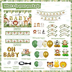 Safari Jungle Baby Shower Decorations, Jungle Animal Party Supplies Decor for Boy Girl Showers Birthdays with Banners Cake Topper Cupcake Topper Balloons Sash Corsage