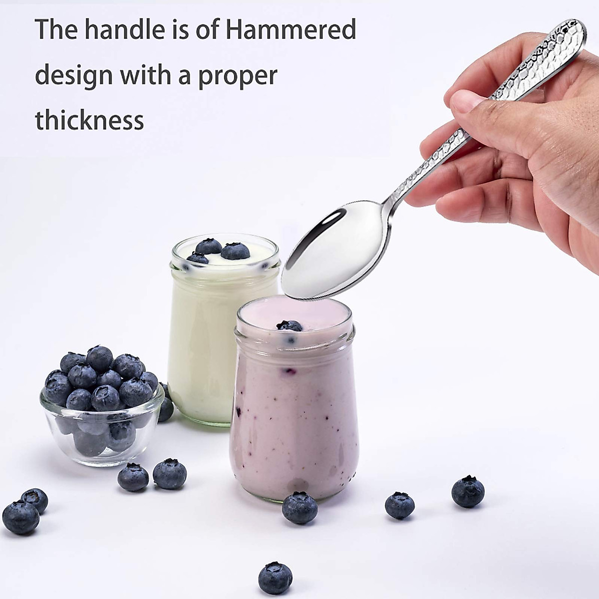 E-far Stainless Steel Teaspoons Set of 12, Modern Hammered Silverware Flatware Dessert Spoons for Home, Kitchen, Restaurant, Round Edge & Mirror Polished, Dishwasher Safe - 6.7 Inches