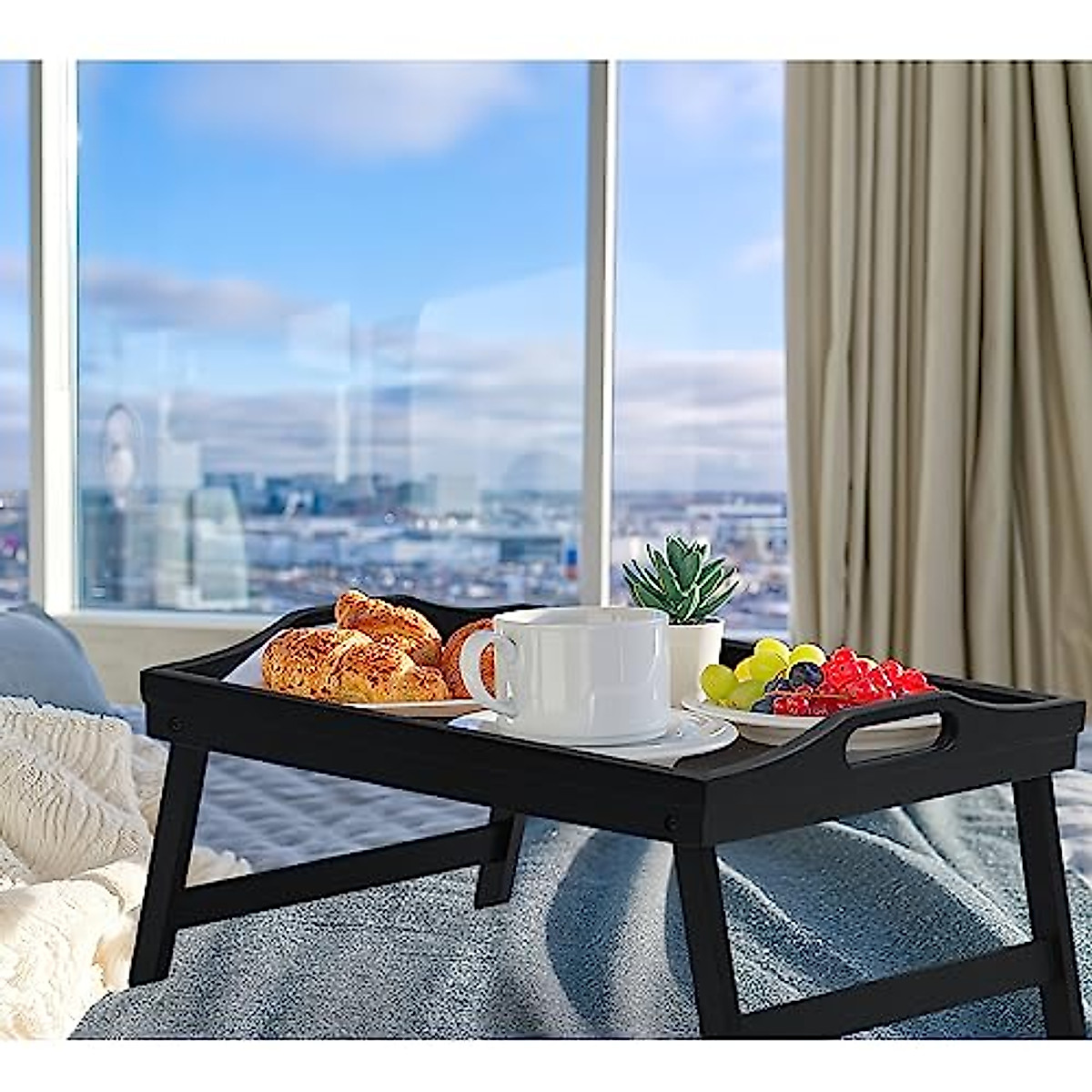 Bed Tray Table Breakfast Trays Serving Tray Bamboo Bed Laptap with Floding Legs Handles and Phone Holders
