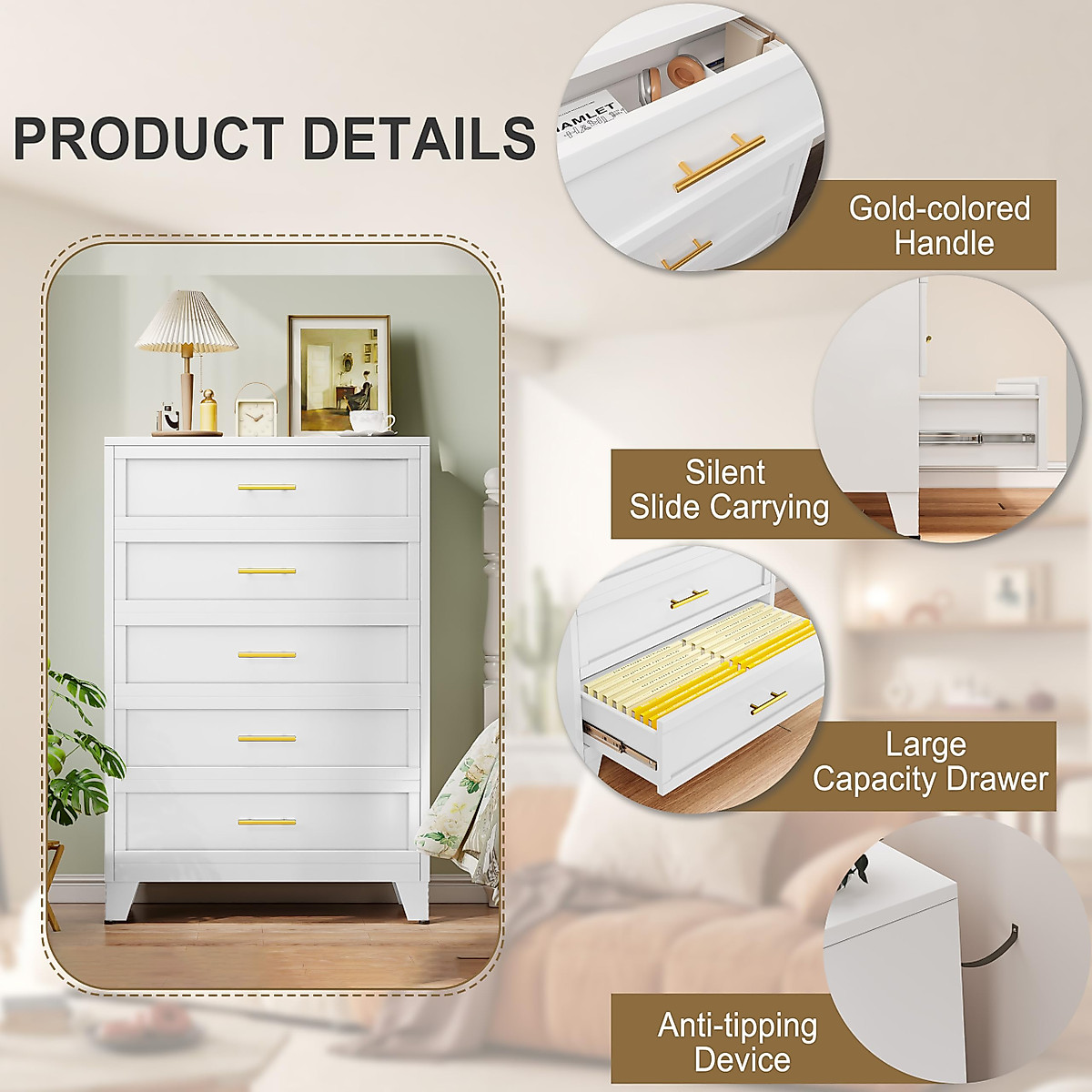 pozdeg 5 Drawers Dresser for Bedroom, 53.5" H Tall Metal Storage Organizer Drawer Chest with Large Capacity, Office Home Multi-Functional Accent Cabinet for Bedroom Hallway Closet